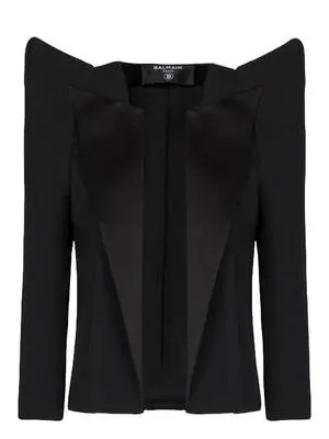 Balmain Cropped Grain De Poudre Jacket With Structured Shoulders - Black
