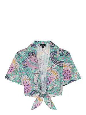 Etro Knotted Cropped Cotton And Silk-blend Voile Shirt - Blue