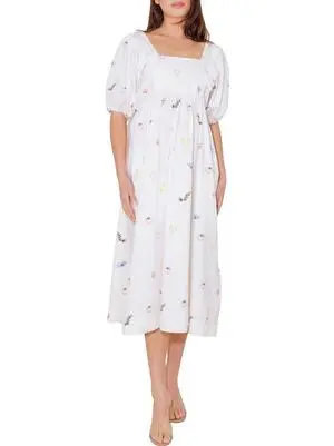 FREEMARKET Printed Puff Sleeve Midi Dress - White