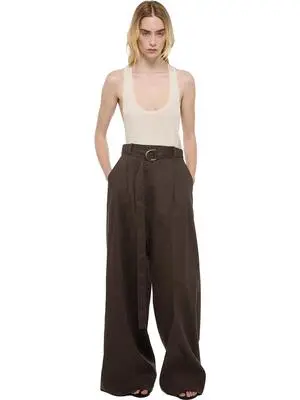 Helmut Lang Linen Pleated Wide Trousers - Espresso
