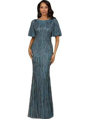 LARA NEW YORK Beaded Gown With Flutter Sleeves - Grey