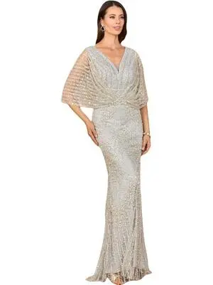 LARA NEW YORK Beaded Lace Cape Sleeve Mermaid Gown - Grey