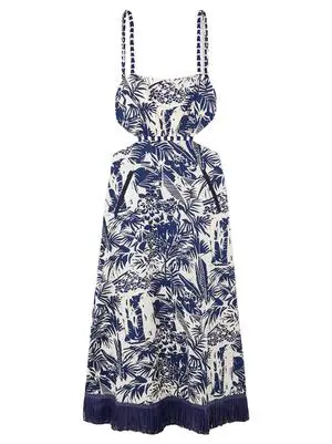 Johanna Ortiz Harmony Fringed Embellished Printed Midi Dress - Blue