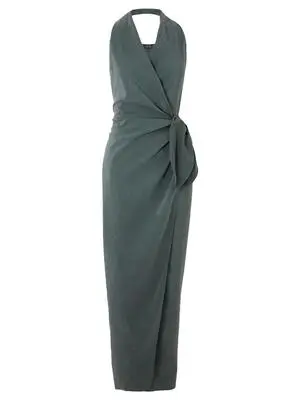 CORTANA Mona Linen And Silk-blend Halterneck Maxi Wrap Dress - Green