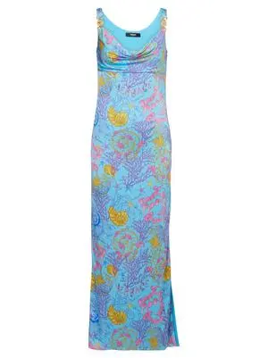 Versace Underwater Barocco Draped Jersey Gown - Blue