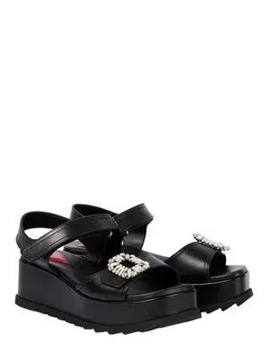 ROGER VIVIER Embellished Leather Wedge Sandals - Black