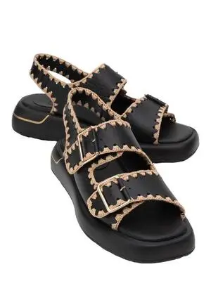 FOREVER & ALWAYS SHOES Douro Braided Rope Strap Leather Sandals - Black Leather