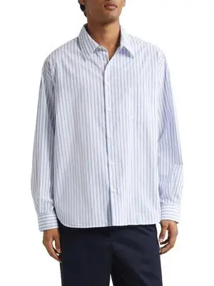 NOAH Oversize Cotton Poplin Button-up Shirt - White/ Blue