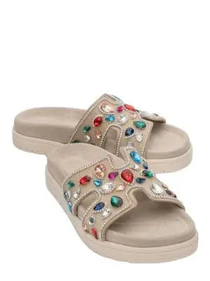 FOREVER & ALWAYS SHOES Denilla Embellished Slide Sandal - Beige Leather