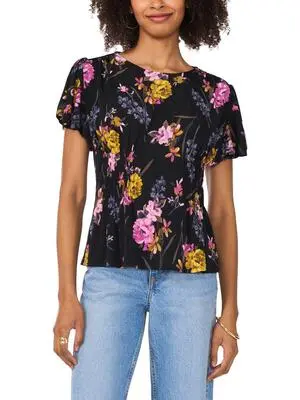 Vince Camuto Floral Smocked Waist Jersey Top - Rich Black