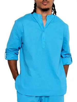 DAI MODA Linen Nehru Collar Shirt Sky Blu
