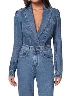 JLUXLABEL Denim Blazer Bodysuit - Medium Wash