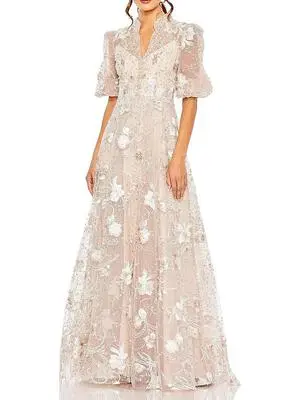 Mac Duggal Queen Anne Puff Sleeve A-line Gown With Floral Embroidery And Gemstone Accents - Blush