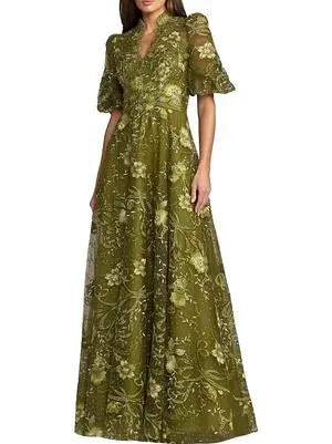 Mac Duggal Queen Anne Puff Sleeve A-line Gown With Floral Embroidery And Gemstone Accents - Olive