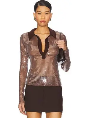 Monse Sequin Polo Top - Dark Nude