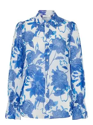 MILLY Lacey Brushwork Floral Long Sleeve Blouse - Blue