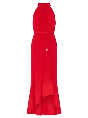 MILLY MILLY Nalani Pleated Halterneck Midi Dress Red