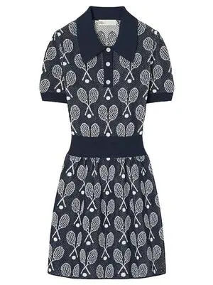 Tory Burch Racquet Mesh Fit And Flare Dress - Tory Navy/new Ivory
