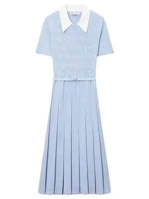 Tory Burch Tory Burch T Monogram Pointelle Pleated Dress Soft White/crisp Blue