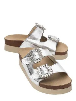 FOREVER & ALWAYS SHOES Polacca Leather Slide Sandal Silver Leather