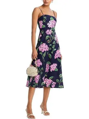 Aqua Linen Floral Square Neck Midi Dress - Midnight Blue