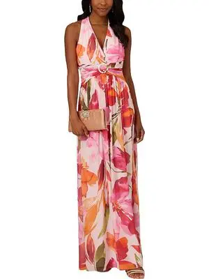 Adrianna Papell Floral Print Chiffon Gown - Pink Orange