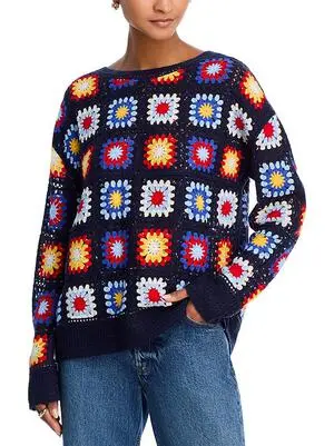 Aqua Patchwork Crochet Sweater Navy