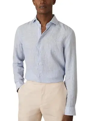 REISS Ruban Long Sleeve Button Front Linen Shirt - Soft Blue/white