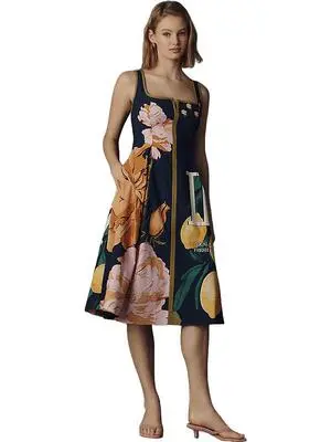 Maeve Arlette Square-neck Piped Midi Dress - Blue Pattern