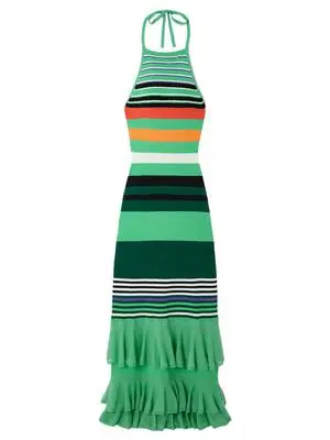Christopher John Rogers Ruffled Striped Stretch-knit Halterneck Maxi Dress - Multi