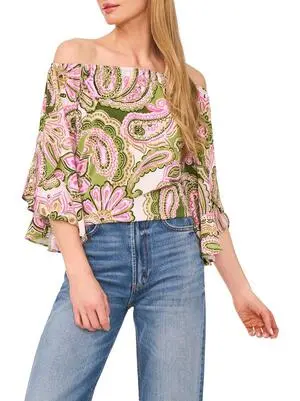 Vince Camuto Off-the-shoulder Flutter Sleeve Top - Green Multi