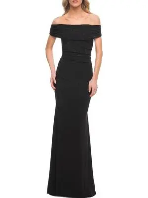 LABOMME Beaded Jersey Off-the-shoulder Gown - Black