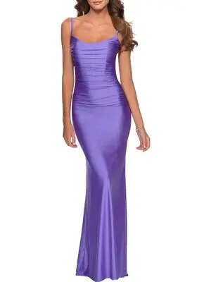 La Femme Long Ruched Jersey Dress - Periwinkle