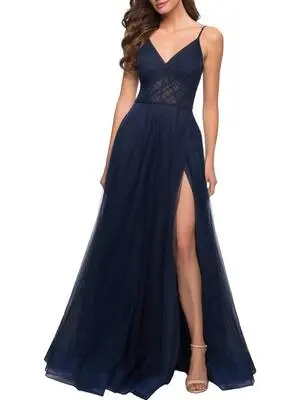 La Femme A-line Tulle Gown - Navy