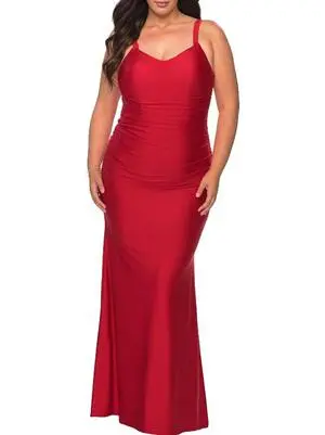 LABOMME Long Ruched Jersey Dress - Red