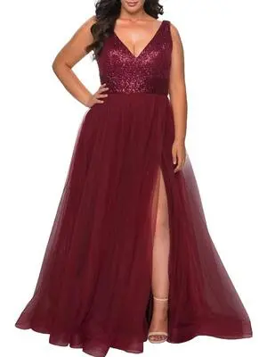 LABOMME Curvy A-line Sequin Bodice Gown - Wine