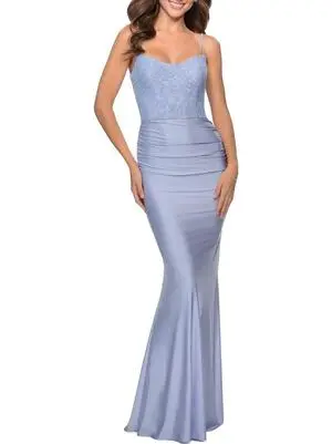 La Femme Jersey Prom Gown With Lace Bodice - Light Periwinkle