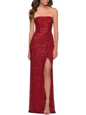 LABOMME Sequin Strapless Gown With Criss-cross Straps - Red