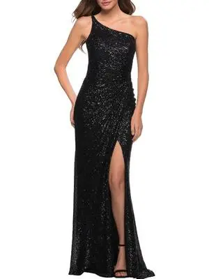 LABOMME Sequin Gown With One-shoulder Top And Open Back - Black