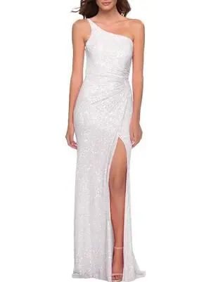 LABOMME Sequin Gown With One-shoulder Top And Open Back - White