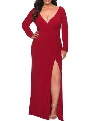 LABOMME Long Sleeve Ruching Prom Dress - Red