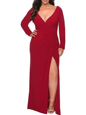 La Femme Long Sleeve Ruching Prom Dress - Red
