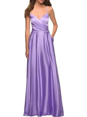 La Femme Satin Gown With Criss-cross Bodice - Lavender