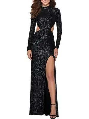 LABOMME Long Sleeve Sequin Dress With Open Back - Black