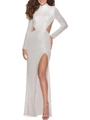 LABOMME Long Sleeve Sequin Dress With Open Back - White
