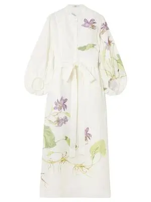 Erdem Belted Floral-print Linen Midi Dress - White