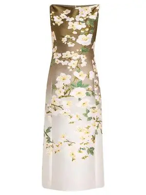 Oscar De La Renta Cherry Blossom Jacquard Ombre Dress - Wht Khaki Ombre