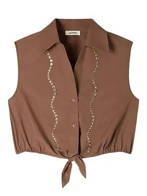 Sandro Rhinestone-embellished Tie-waist Cotton Shirt - Brown