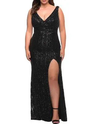 LABOMME Sequin Column Gown With Slit - Black