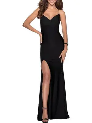 La Femme Form Fitting Jersey Prom Gown With Draped Neckline - Black